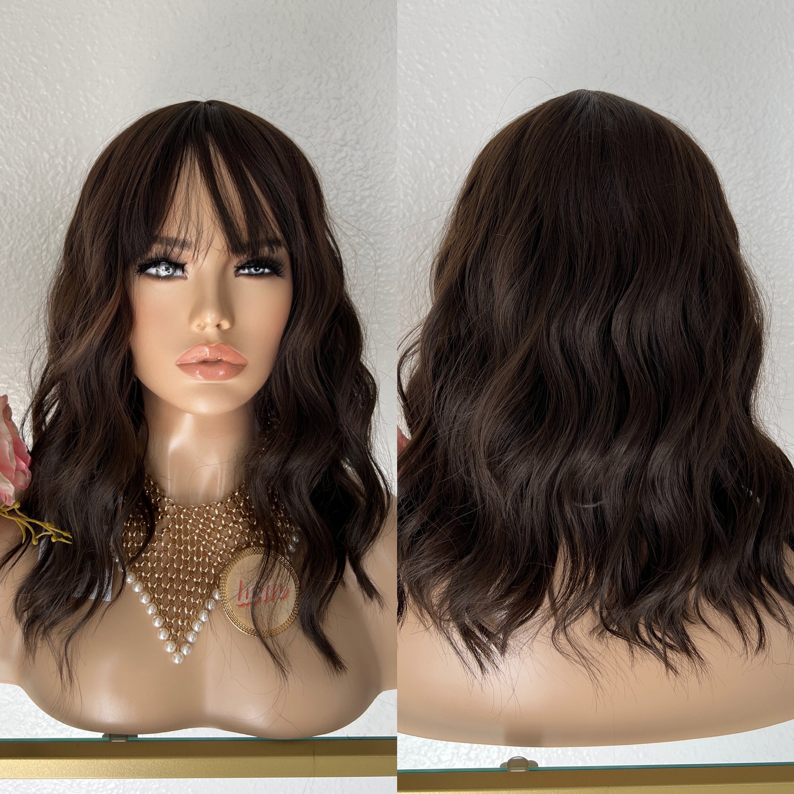 16 Inches Dark Brown Wavy Wig With Bangs Heat Resistant Comfort Cap - Etsy