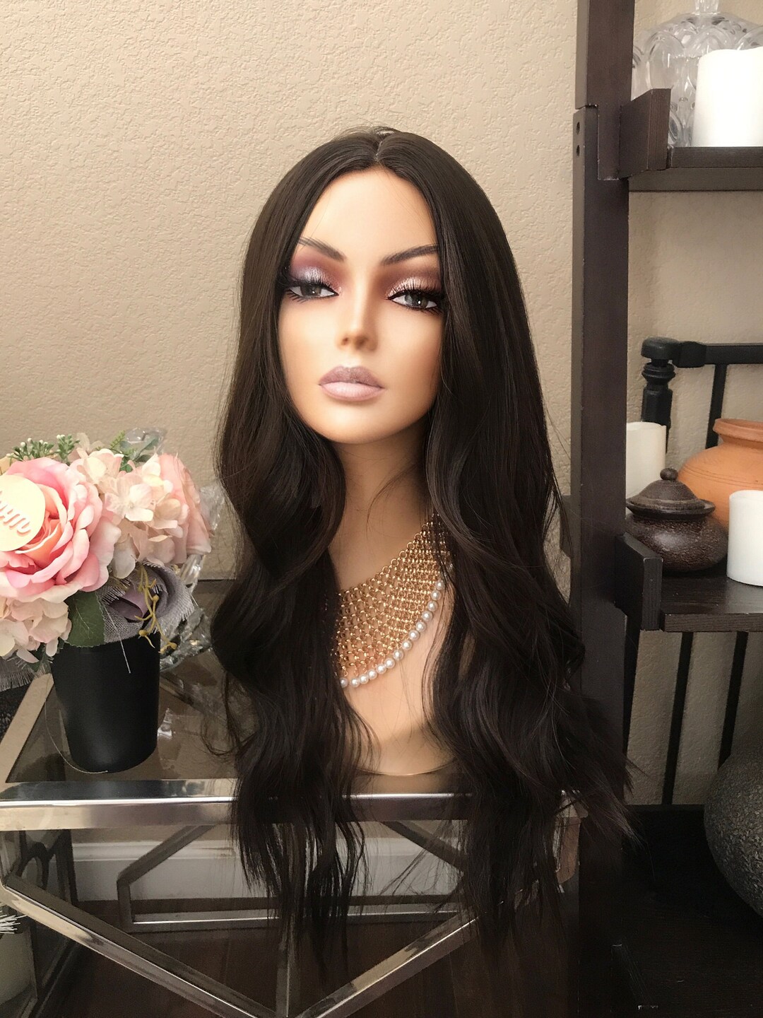 24'' Dark Brown Wavy Wig | Synthetic Fiber, Heat Resistant - Etsy