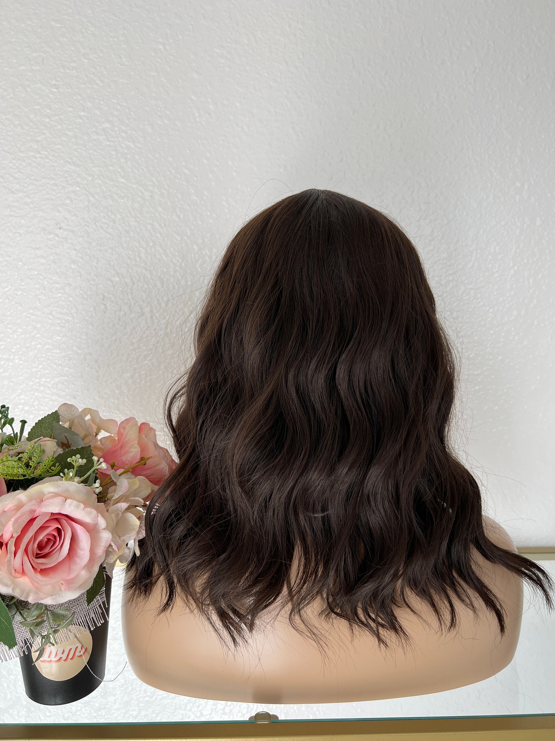 16 Inches Dark Brown Wavy Wig With Bangs Heat Resistant Comfort Cap - Etsy