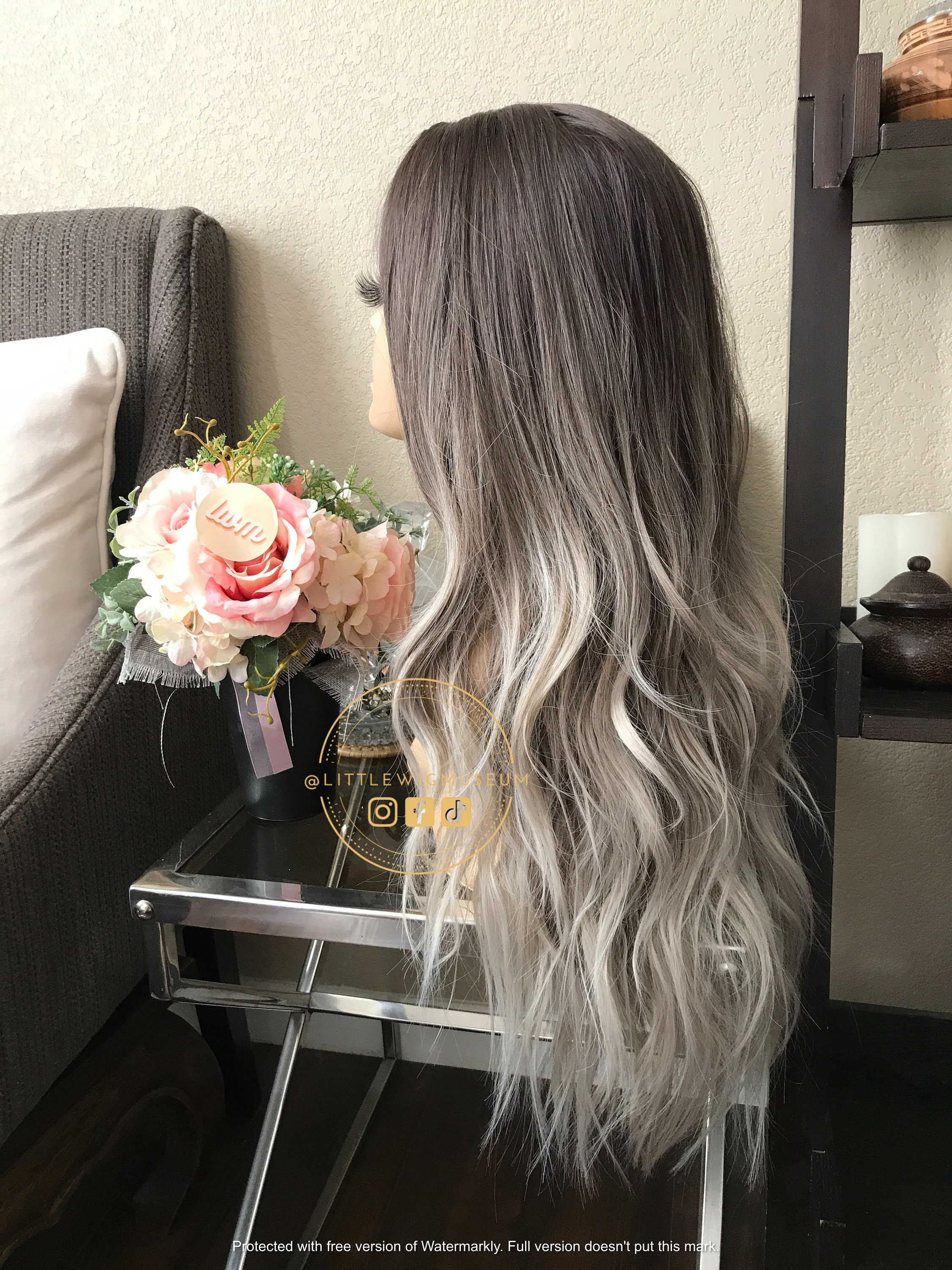 24'' ombre dark root ash brown Synthetic Wig Little | Etsy