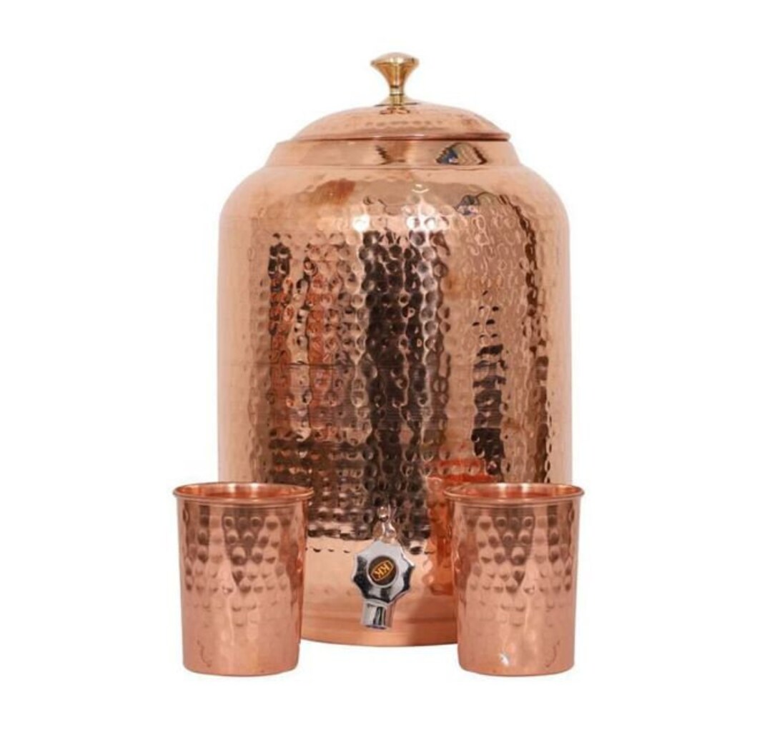 Indian Handmade Pure Copper Dispenser With 2 Tumbler Matka Hammered ...