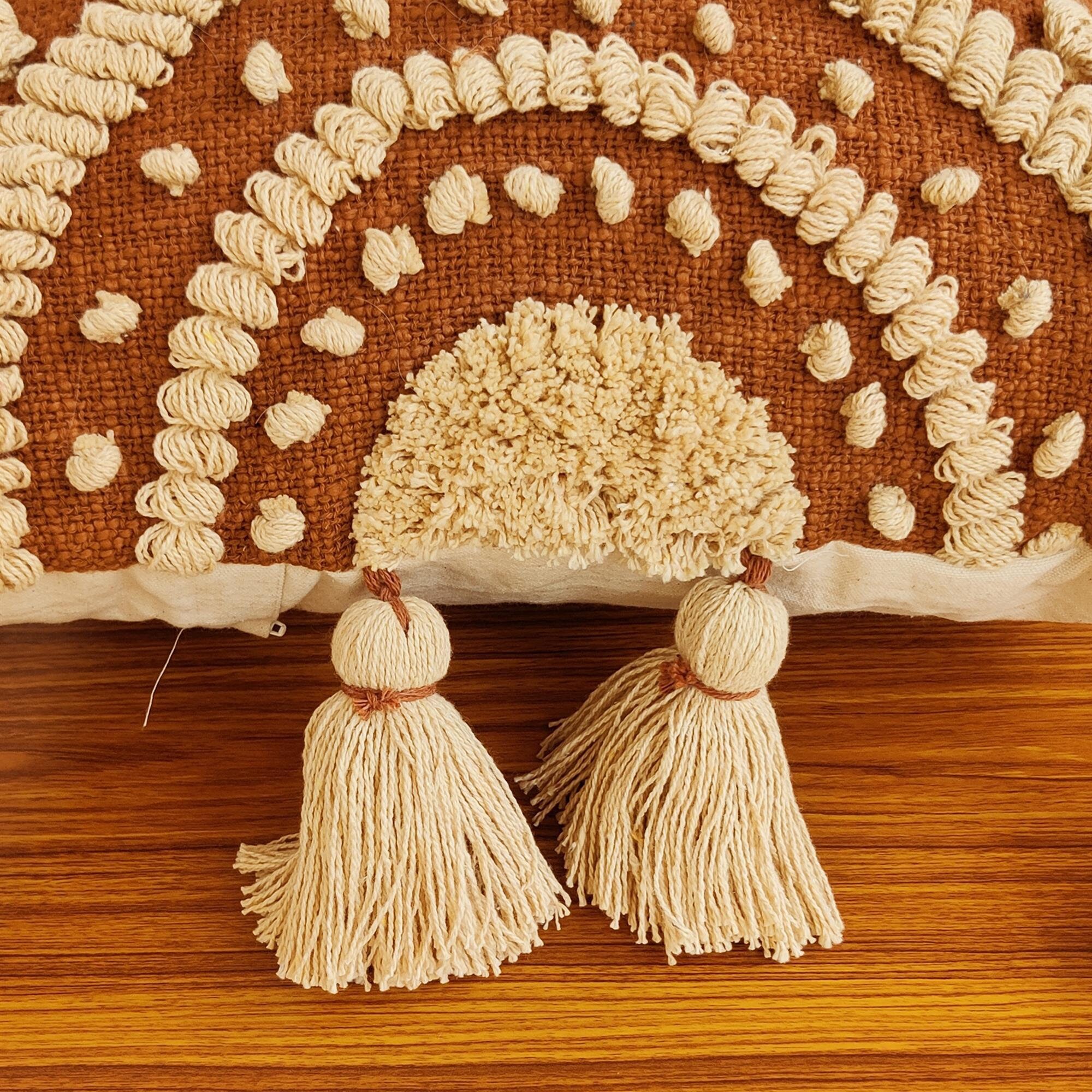 Tufted Embroidered Boho Textured Rust Orange & Cream Cushion Cover ...