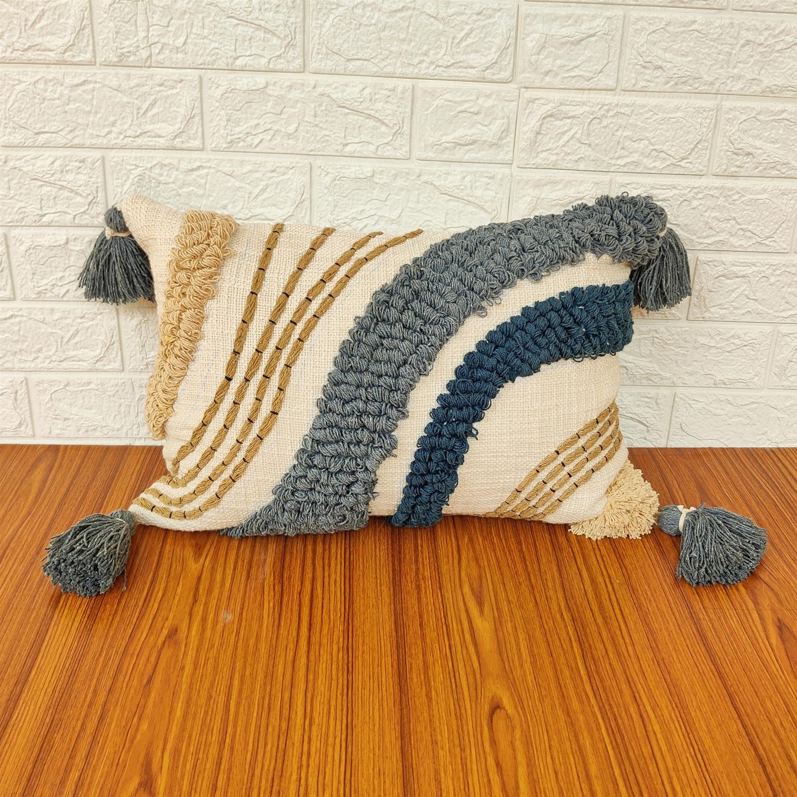 Tufted Boho Textured Pillow Cover Grey & Blue Embroidered Cushion Cover ...