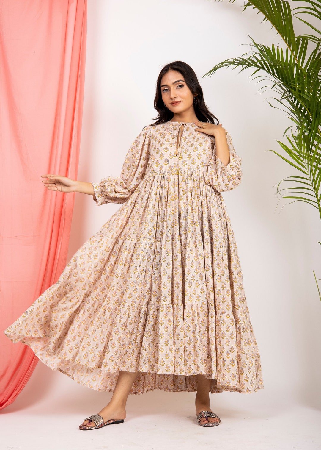 Hand Block Printed Dress Block Print Dress Summer Dress Beige Dress ...