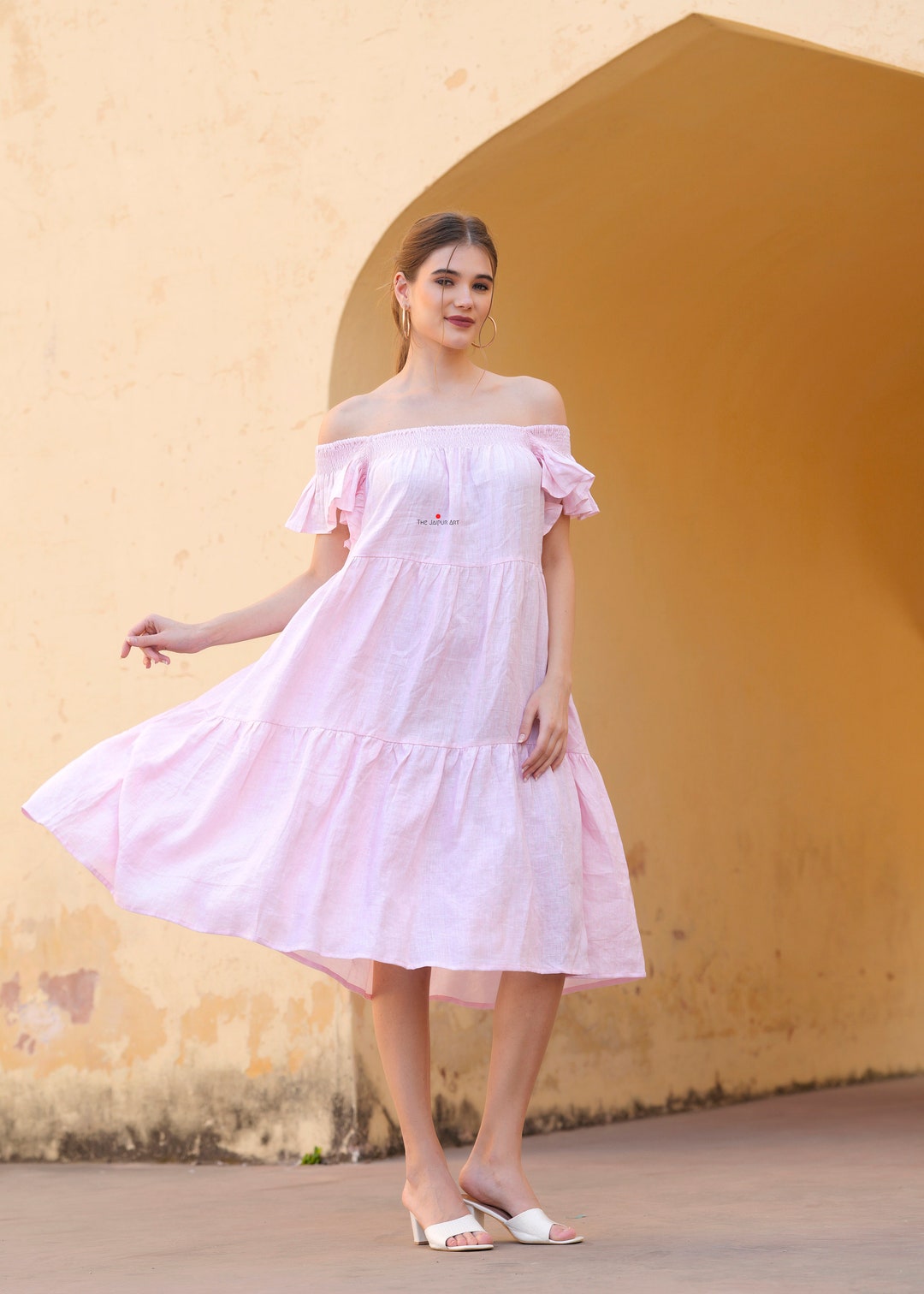 Pink off Shoulder Midi Dress amelia Midi Pink Summer Frill Sleeves ...