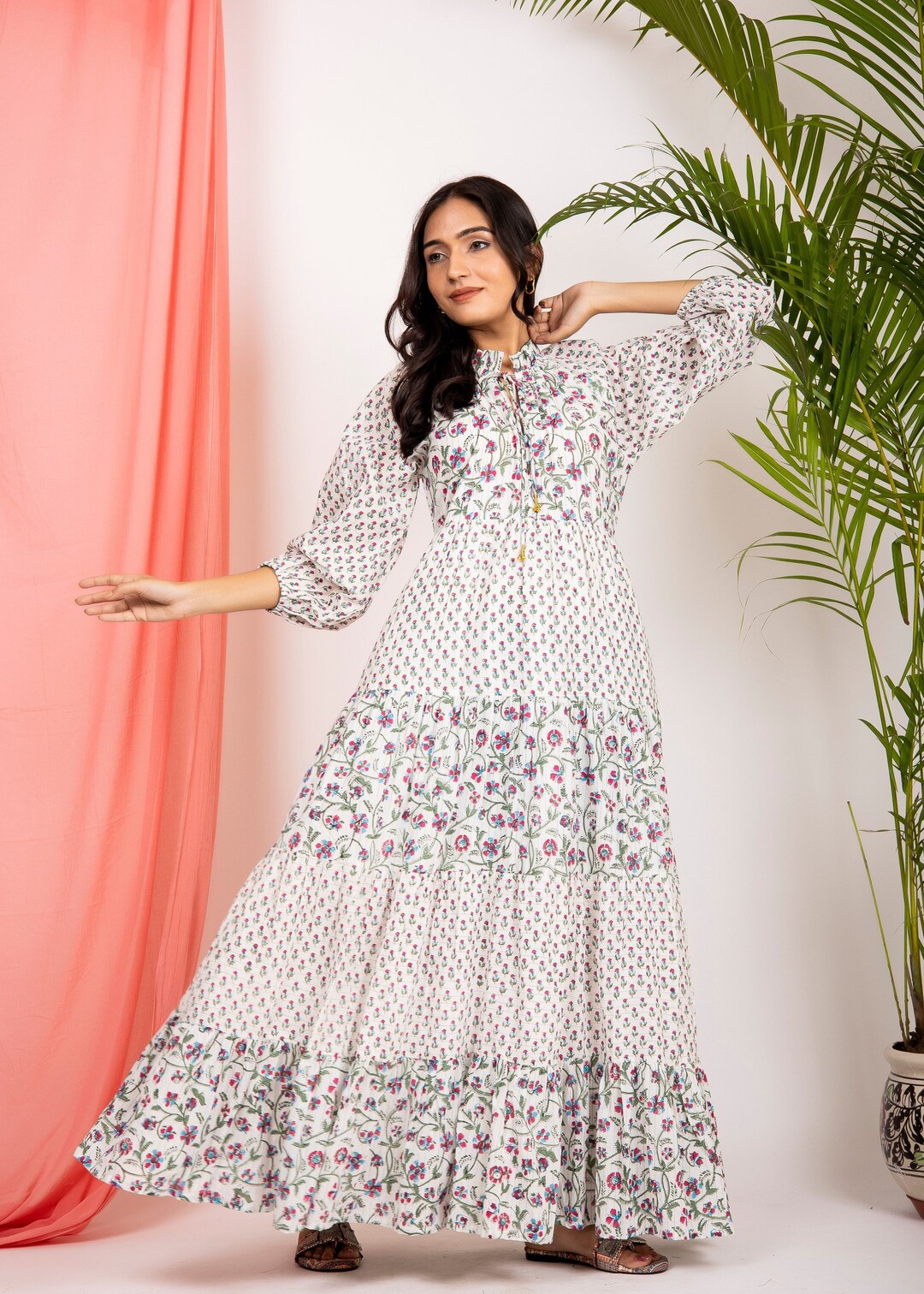 Hand Block Printed Maxi Dress Trending White Summer Cotton Dress Long ...