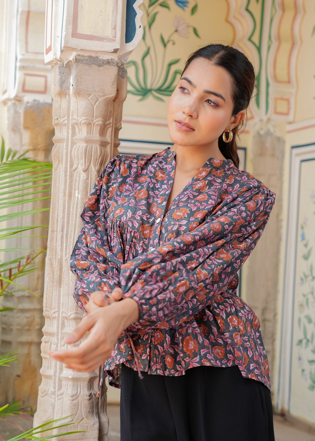 Block Printed Cotton Blouse for Women Floral Print Purple Color Billowy ...