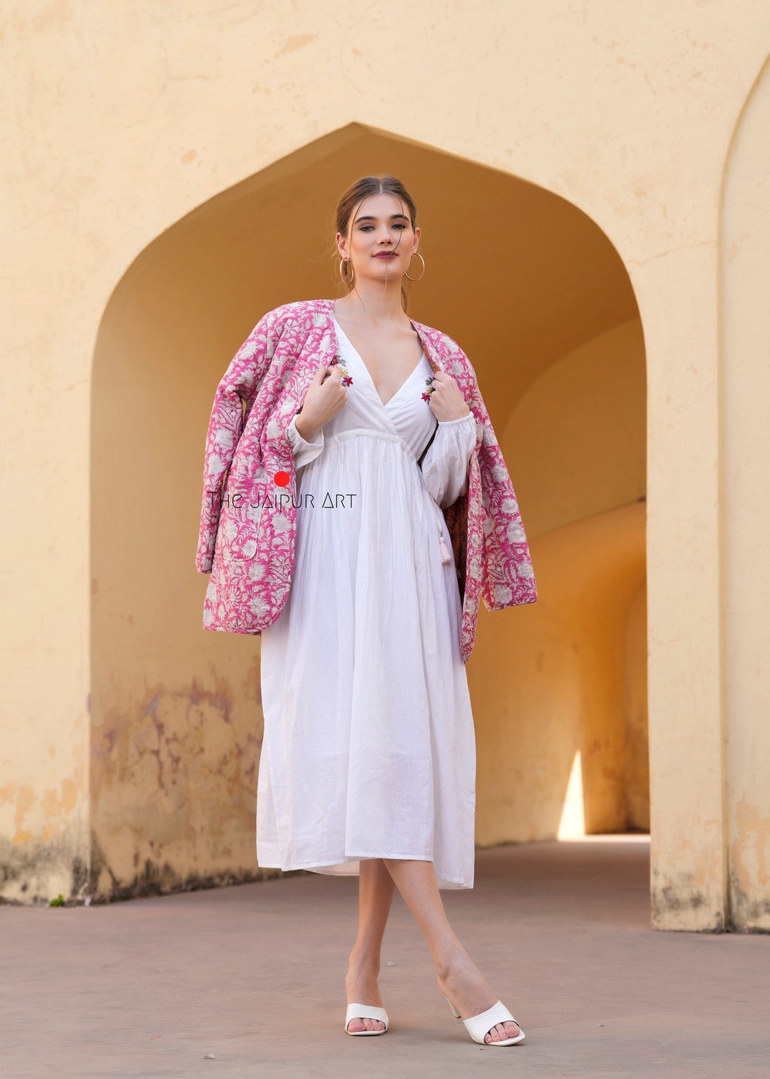 Hand Block Printed Cotton Jacket for Women V-neck Full Sleeves Floral ...