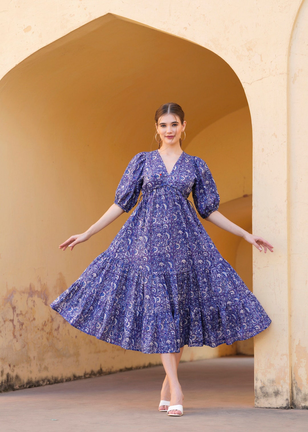 Hand Block Printed Blue Midi Dress for Women Block Print Dress Blue ...