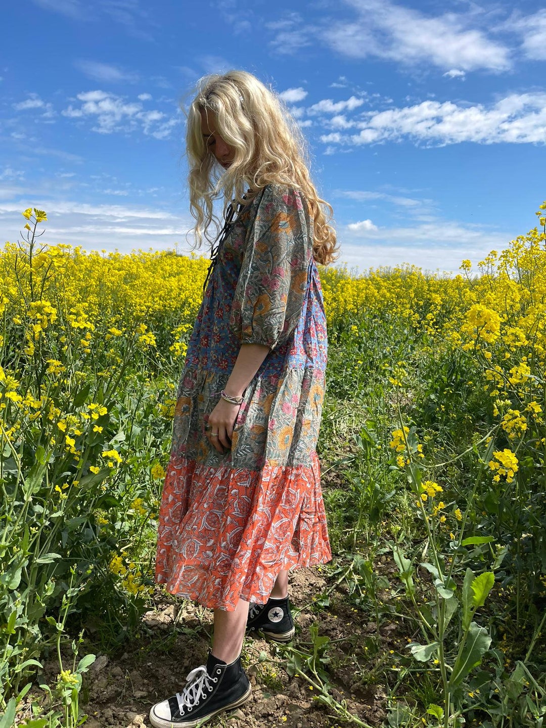 Tri-color African Print Indian Summer Midi Dress Hand Block Printed ...