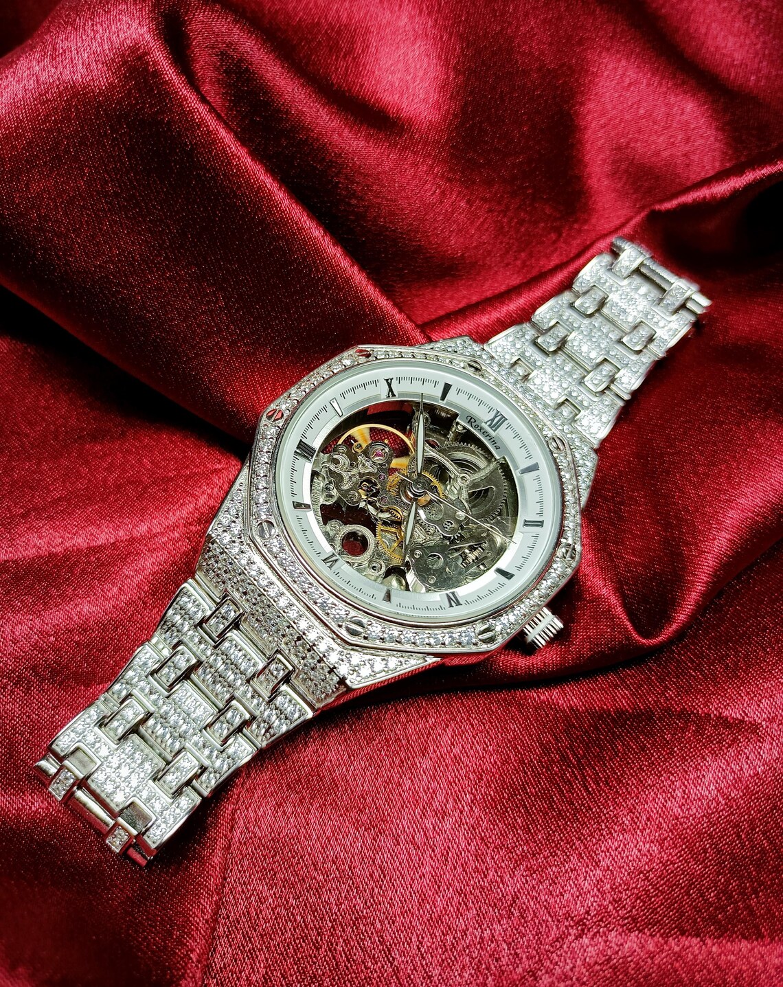 925 Sterling Silver Mens Automatic Watch Cubic Zirconia Gifts for ...