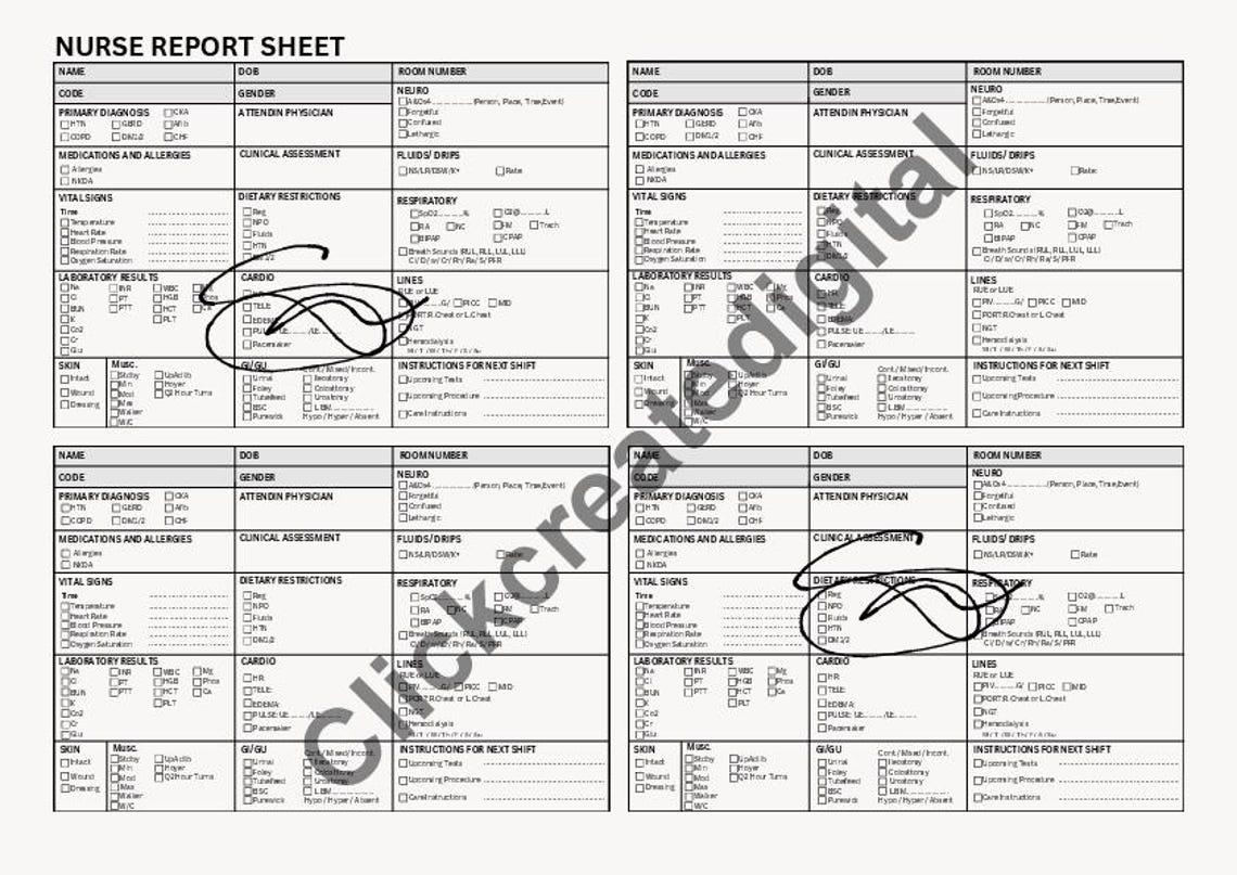 Nurse Shift Report Sheet | 4-patient RN Report | Printable Nursing ...