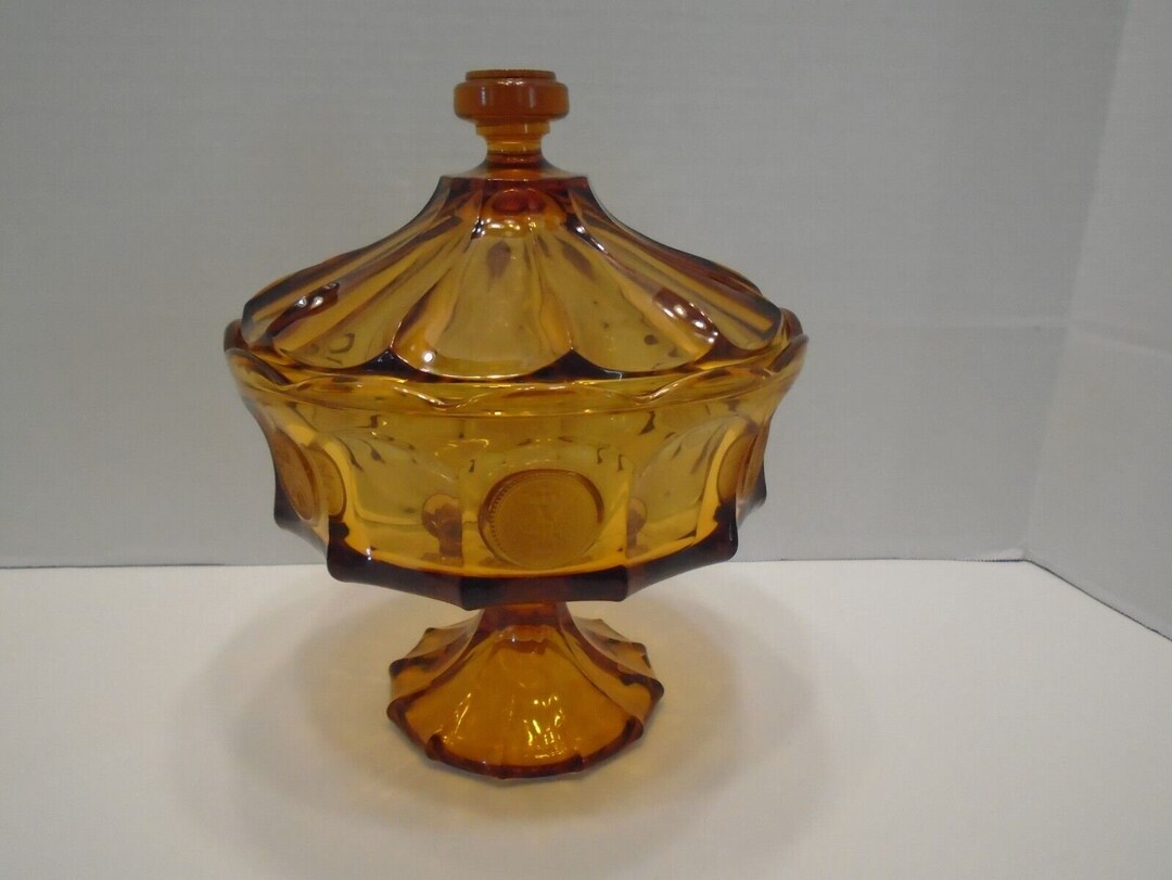 Vintage mid-century-modern Fostoria Amber Coin Glass Compote - Etsy