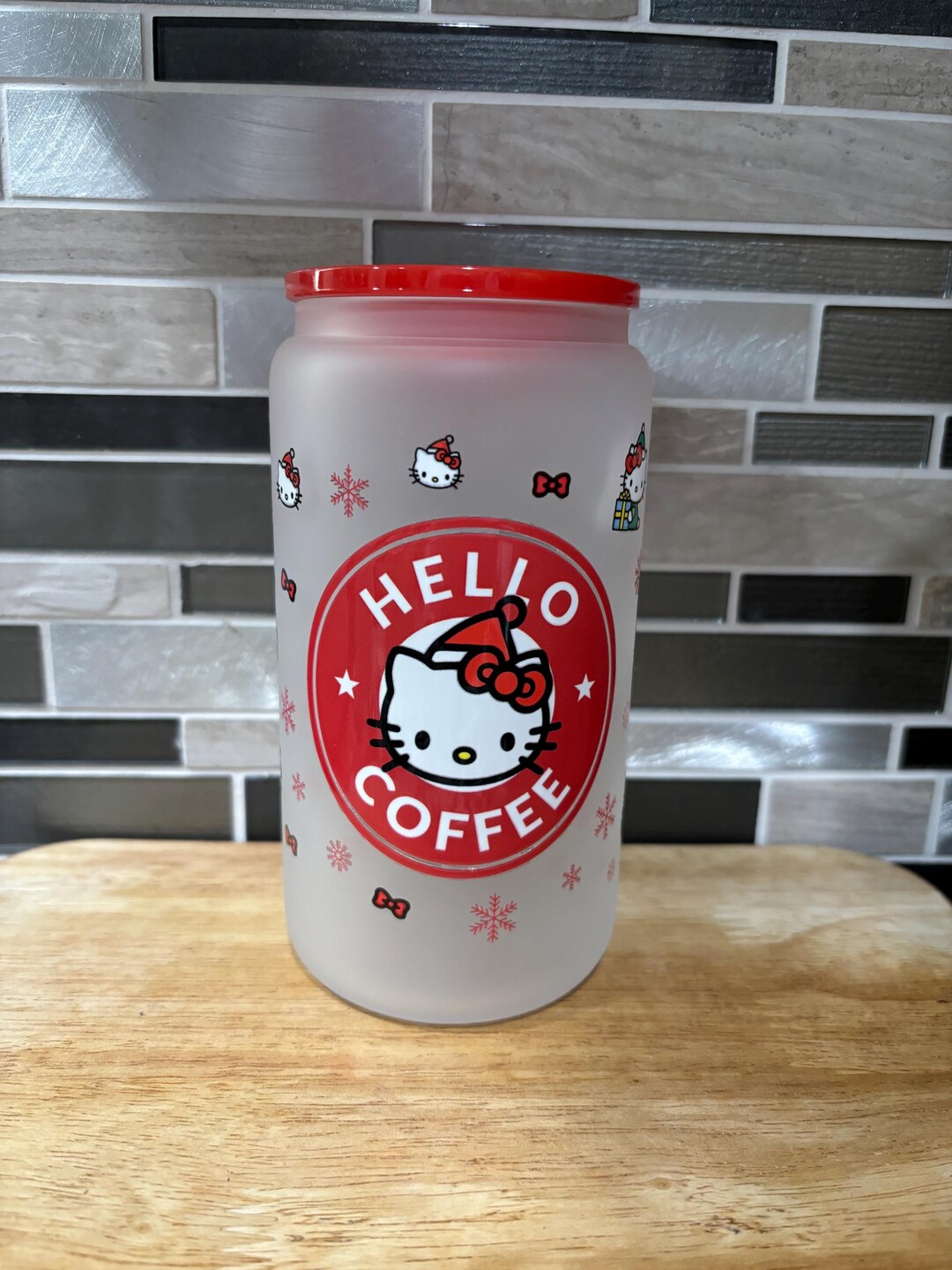 Hello Coffee Red Christmas Cup Kawaii Kitty Glass Cup UV DTF Cup 16 Oz ...