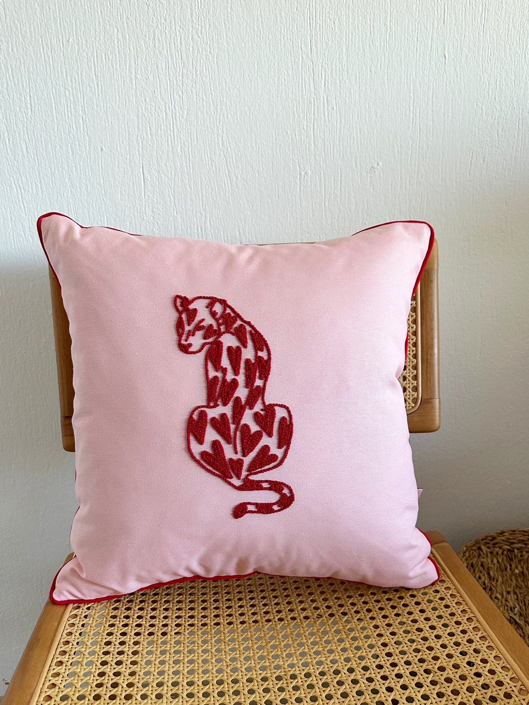 Galia Tasarim Heart-shaped Leopard Punch Embroidered Pink Pillow Cover ...