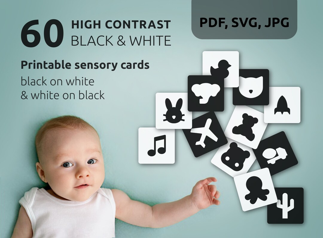 60 High Contrast Baby Activity Cards | Montessori | Black & White ...
