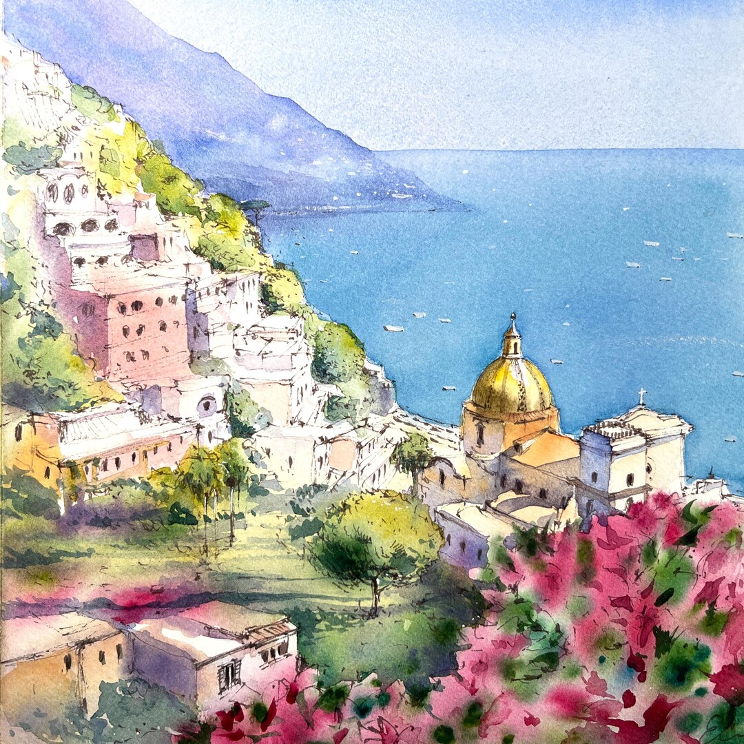 Italy Original Watercolor Painting Positano Artwork Amalfi Coast ...