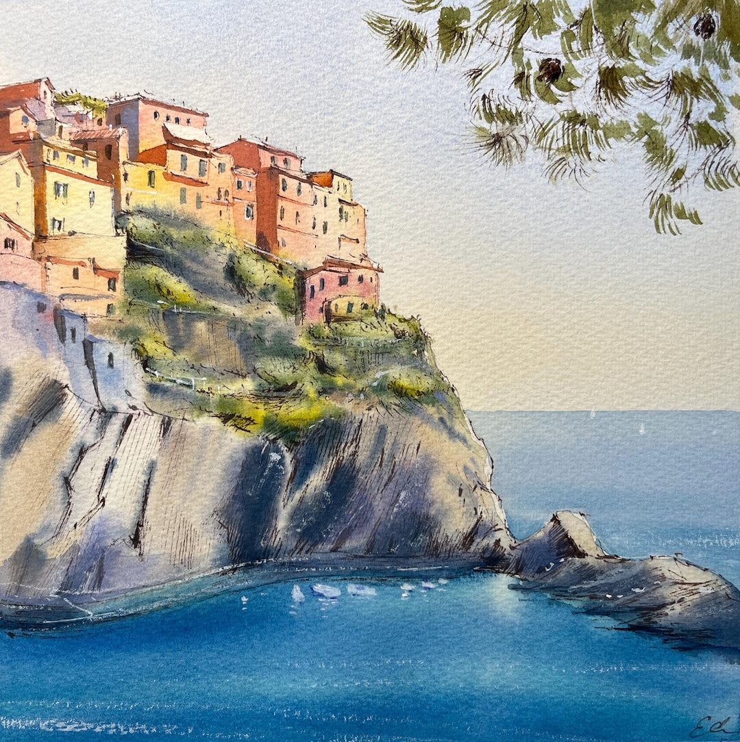 Italy Original Watercolor Painting Cinque Terre Artwork Manarola ...