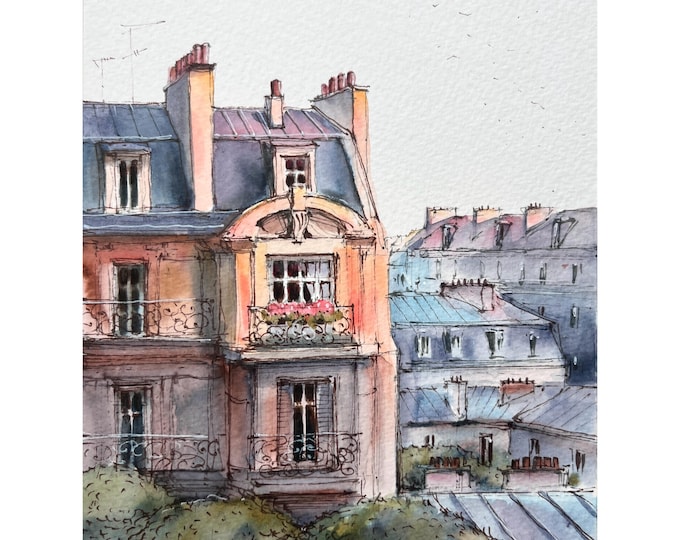 Paris Roofs Original Watercolor Painting Paris Rooftops Artwork Parisian View Painting France ...