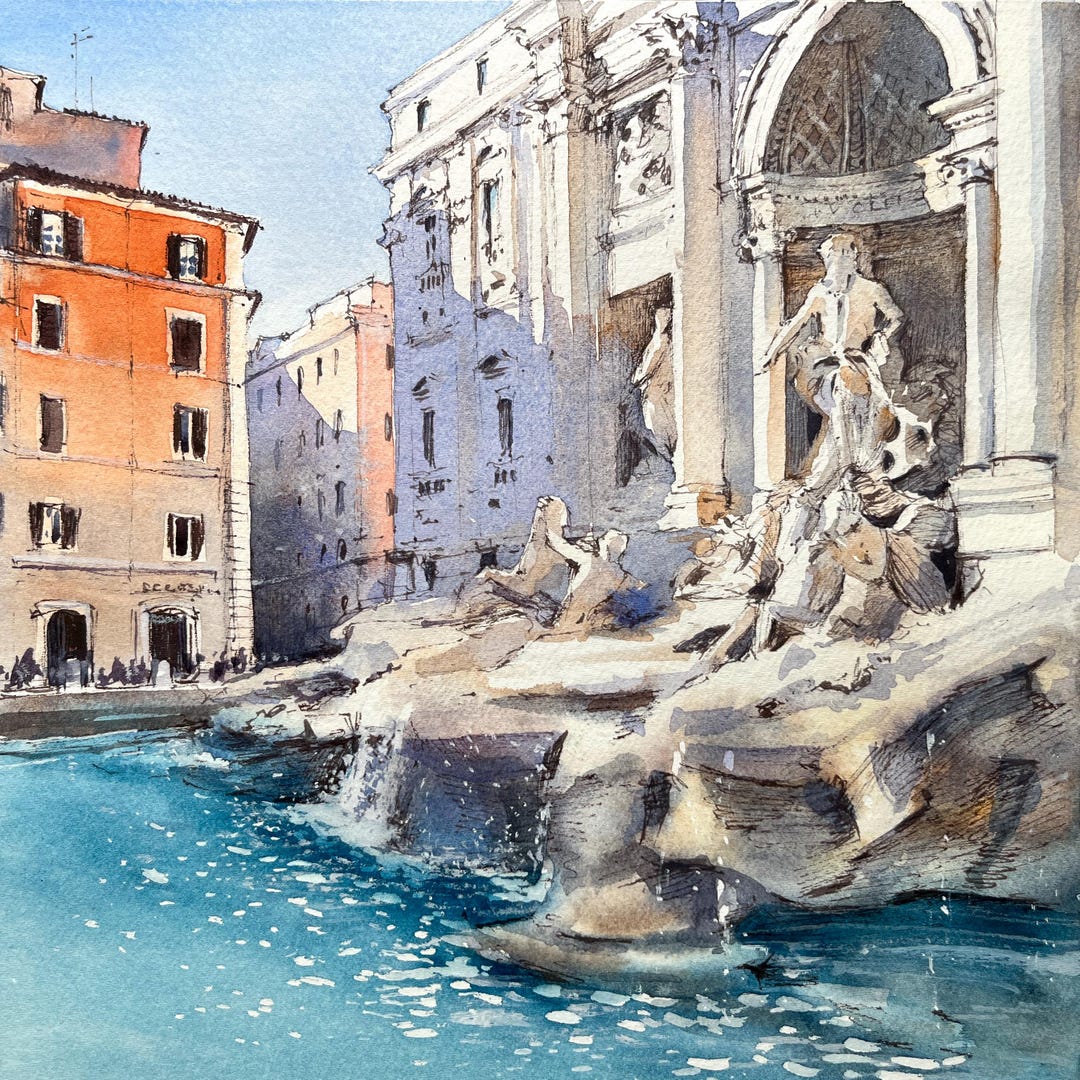 Rome Italy Original Watercolor Painting the Trevi Fountain Artwork - Etsy