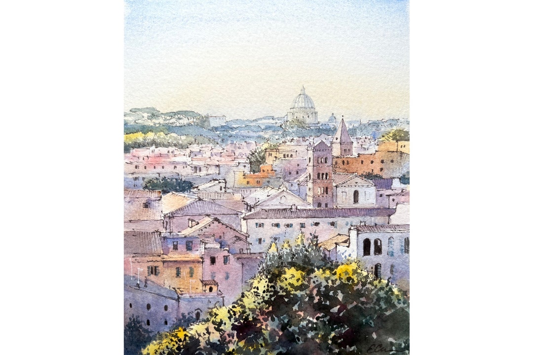 Rome Italy, Original Watercolor Painting, Rome Rooftops, View of the ...