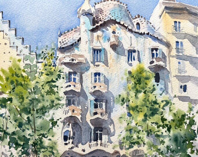 Barcelona Original Watercolor Painting Spain Artwork Gaudí Architecture ...