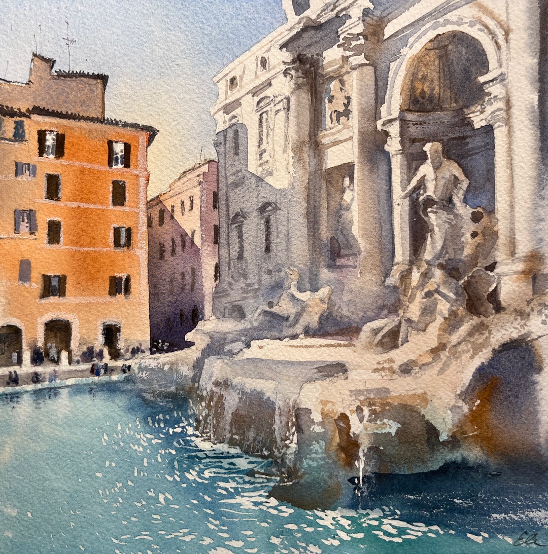 Rome Italy Original Watercolor Painting the Trevi Fountain Artwork - Etsy