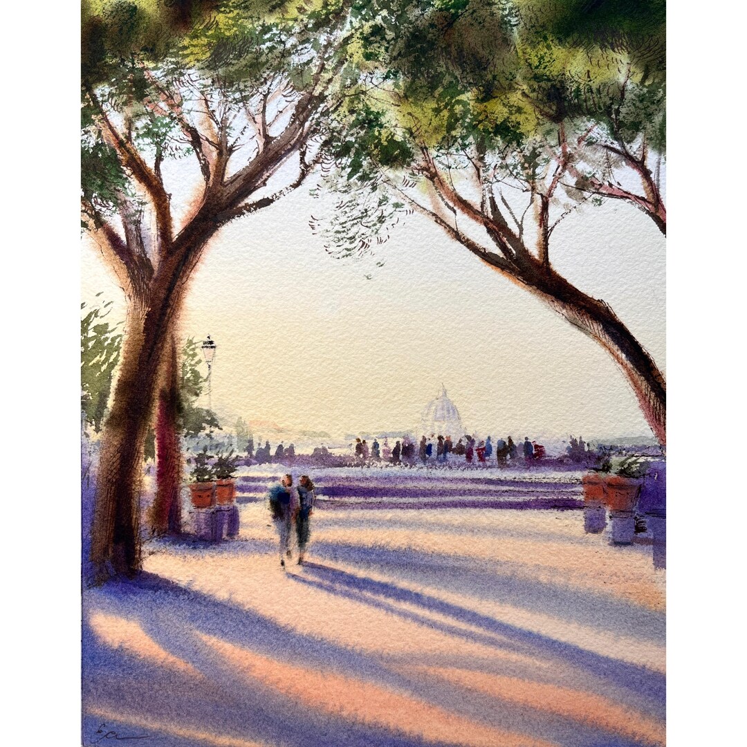 Rome Italy Original Watercolor Painting Pine Tree Painting Roman View ...
