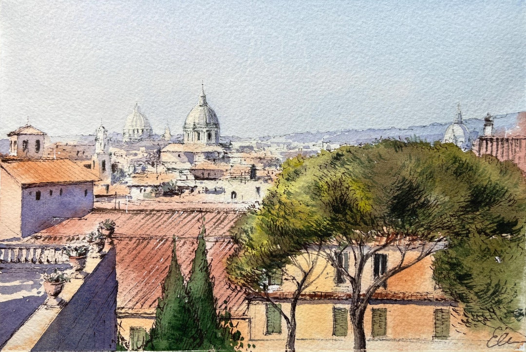 Rome Italy, Original Watercolor Painting, Rome Rooftops, View of the ...