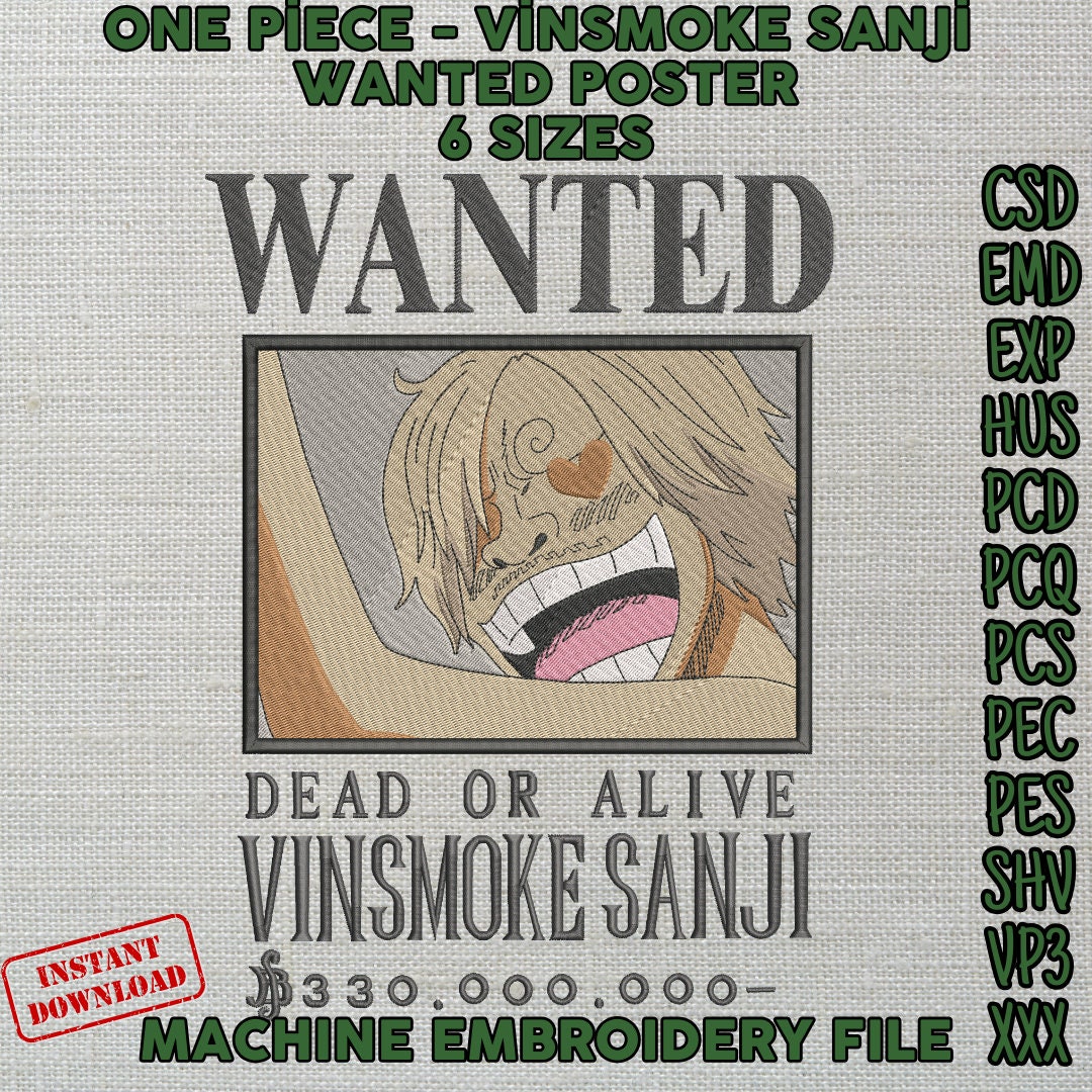 One Piece Vinsmoke Sanji Wanted Poster Machine Embroidery Design ...