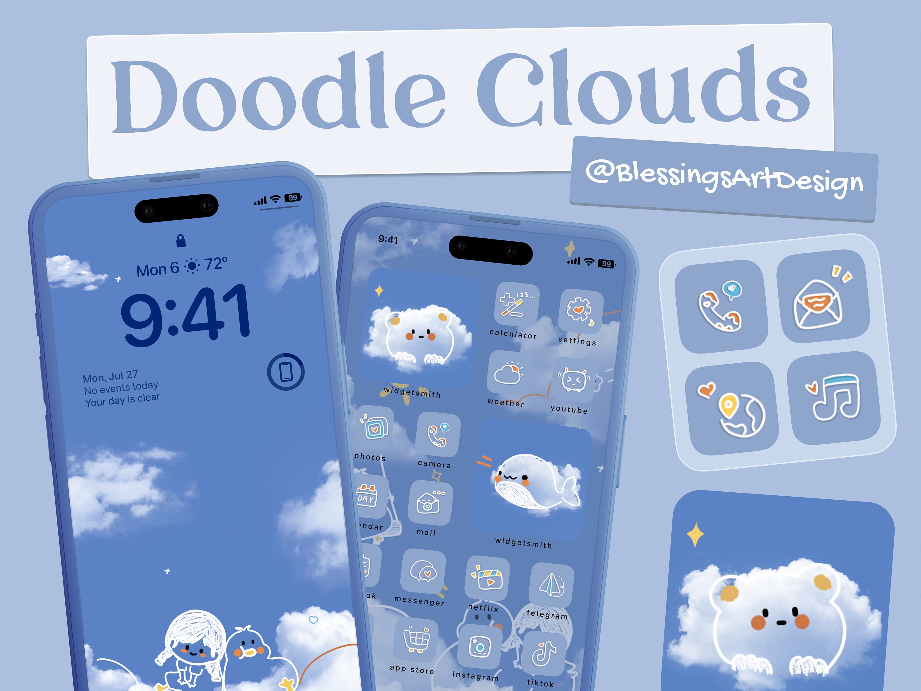 Doodle Clouds | Ios Icons Pack, iPhone Theme, App Cover, Icons Skin ...
