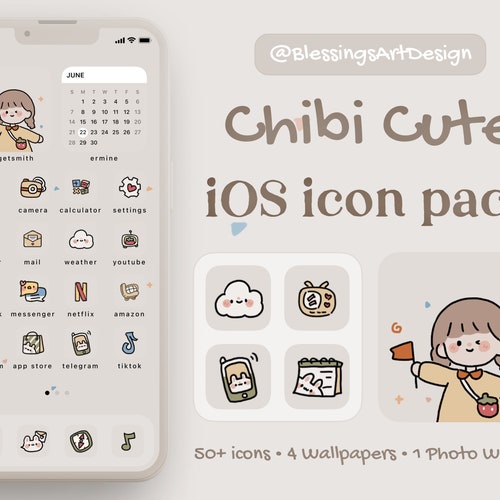 50 Chibi Cute Girl Ios Icons Pack Iphone Theme App Cover - Etsy