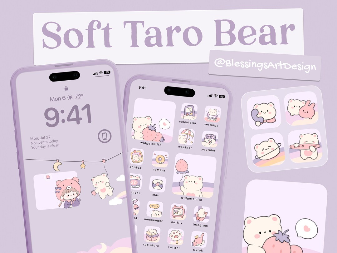 Soft Taro Bear | Ios Icons Pack, iPhone Theme, App Cover, Icons Skin, Home Screen, Doodle, Cute ...