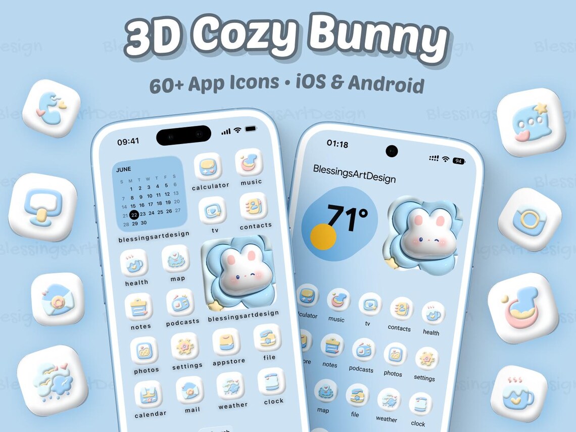 Kawaii Bunny App Icons: Cozy Ios Android Theme (digital Download - Etsy