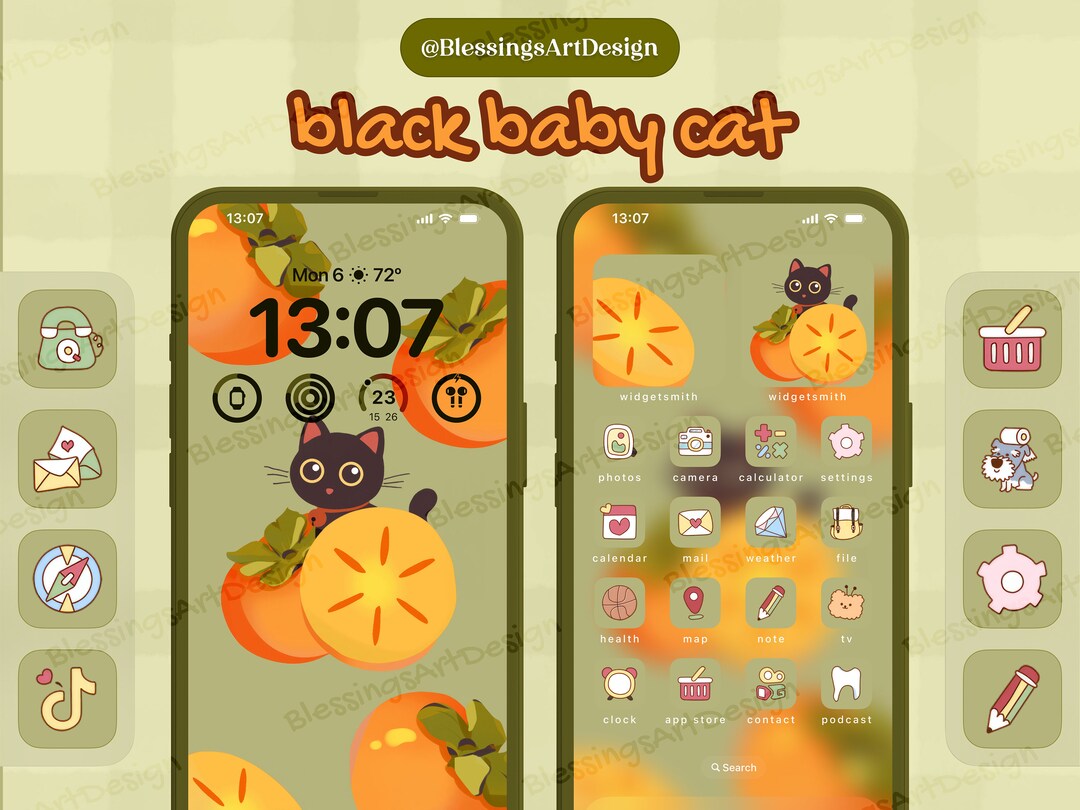 Black Baby Cat | Ios Icons Pack Bundle, iPhone Theme, App Covers, Icons ...