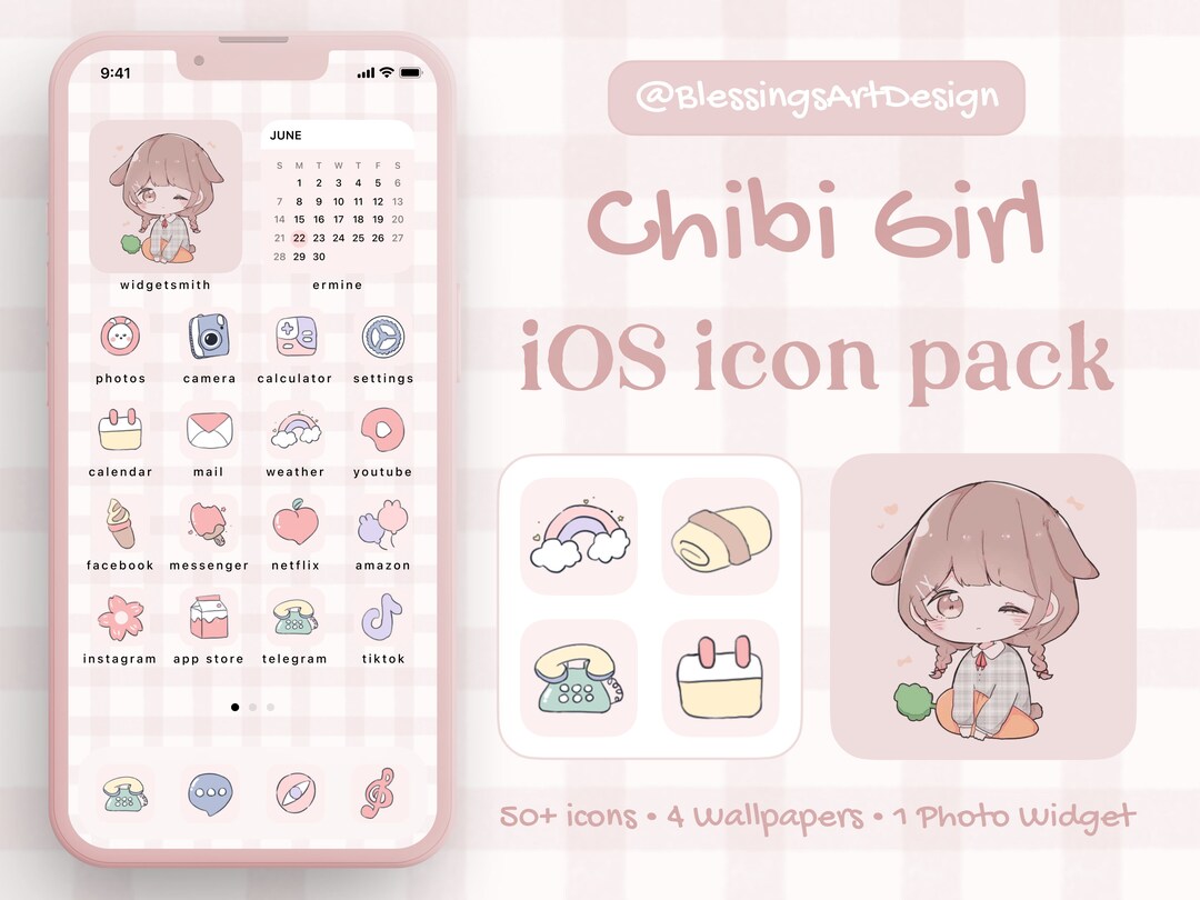 50+ Chibi Cute Girl | Ios Icons Pack, iPhone Theme, App Cover, Icons ...