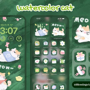 Watercolor Cat | Ios Icons Pack Bundle, iPhone Theme, App Covers, Icons ...