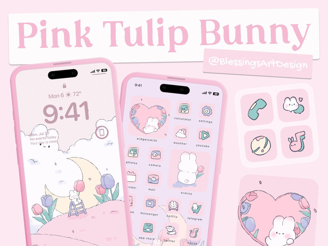 Pink Tulip Bunny | Ios Icons Pack, iPhone Theme, App Cover, Icons Skin ...