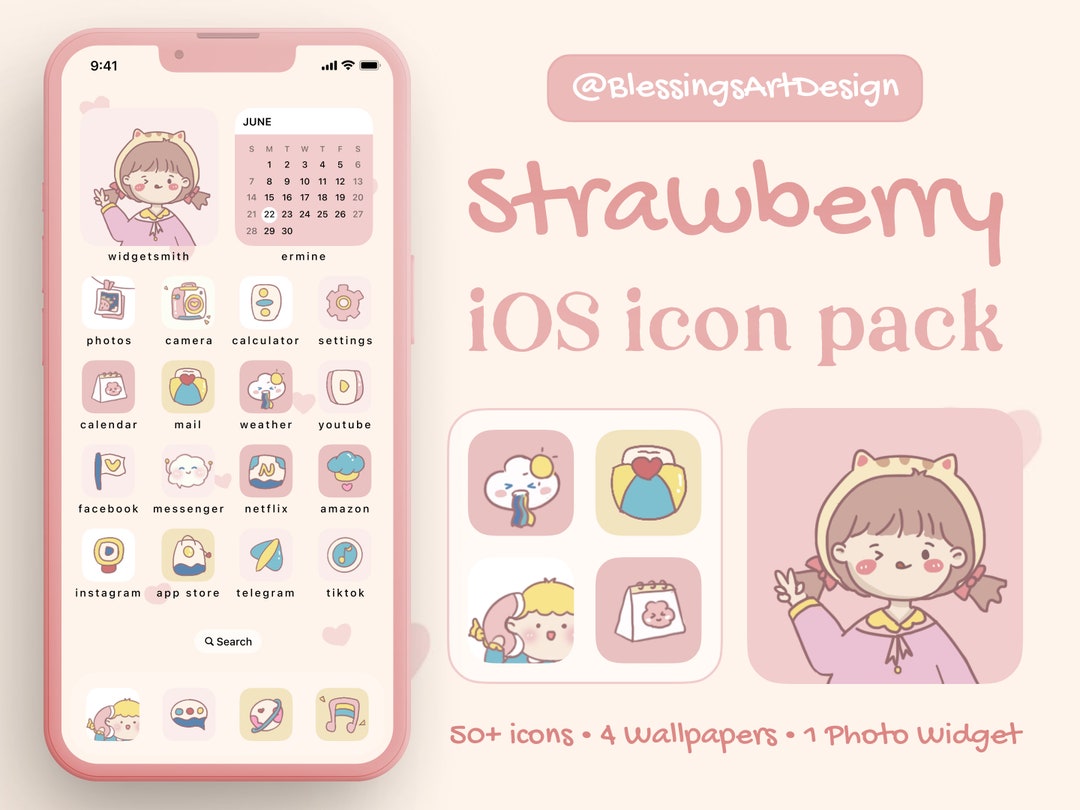 50+ Lo-fi Cute Kawaii Girl Coral | iPhone Ios Icons Pack, Phone App ...