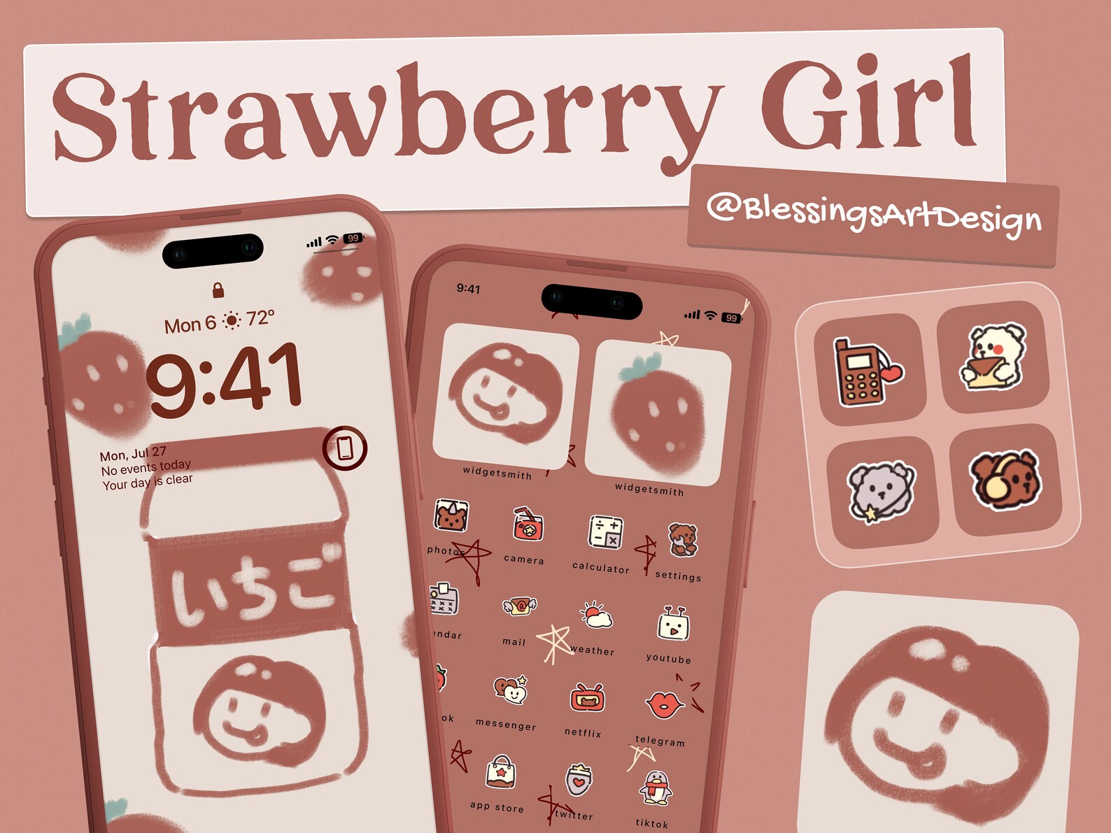 Strawberry Girl | Ios Icons Pack, iPhone Theme, App Cover, Icons Skin ...