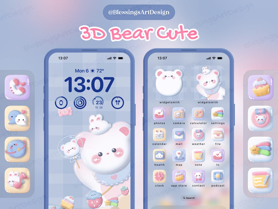 3D Bear Cute | Ios Icons Pack Bundle, iPhone Theme, App Covers, Icons ...