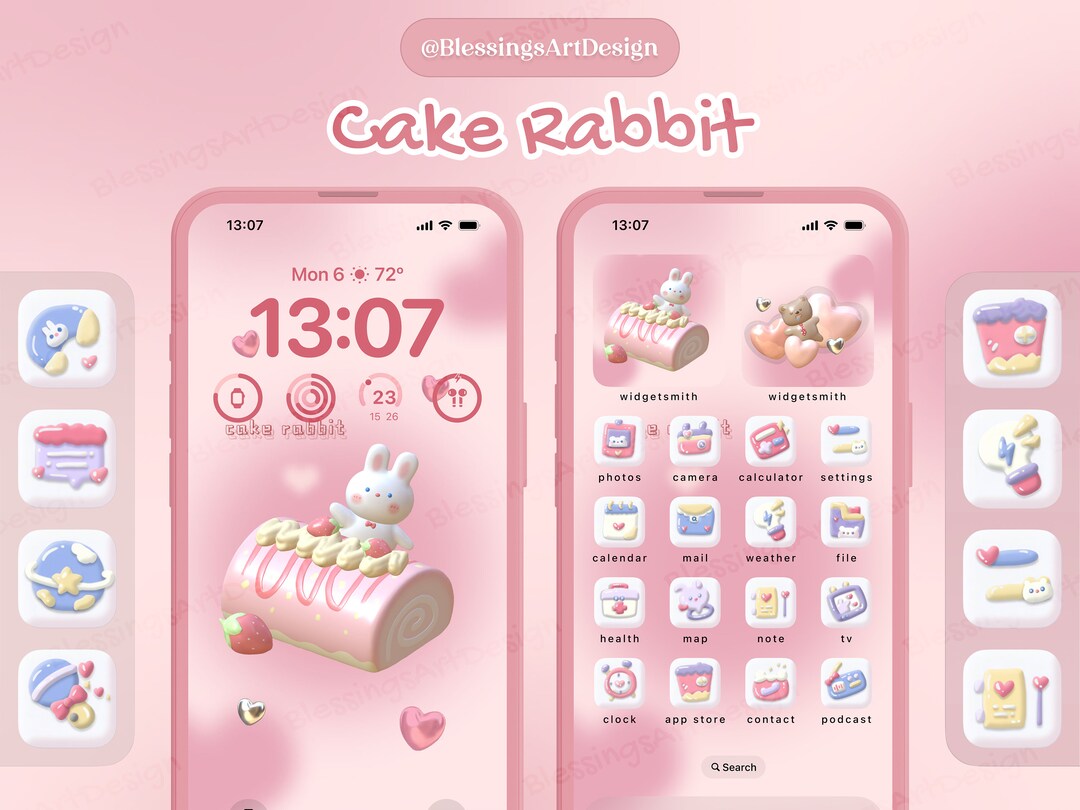 3D Cake Rabbit | Ios Icons Pack Bundle, iPhone Theme, App Covers, Icons ...