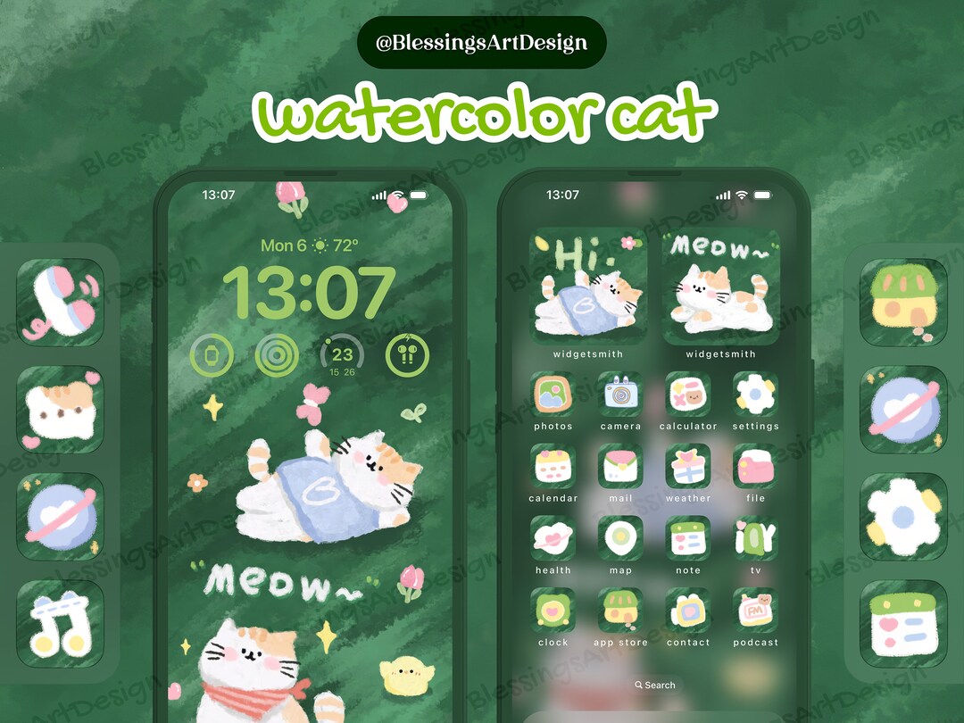 Watercolor Cat | Ios Icons Pack Bundle, iPhone Theme, App Covers, Icons ...
