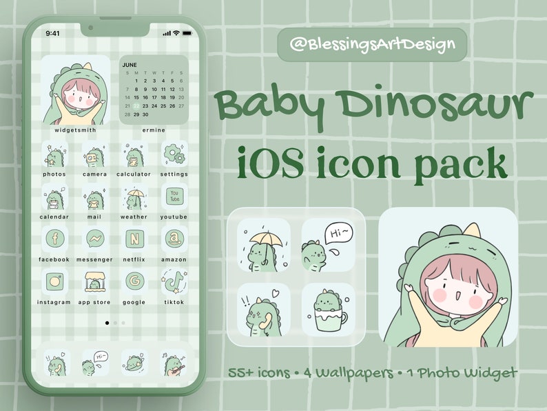 55 Green Baby Dinosaur Ios Icons Pack Iphone Theme Kawaii - Etsy