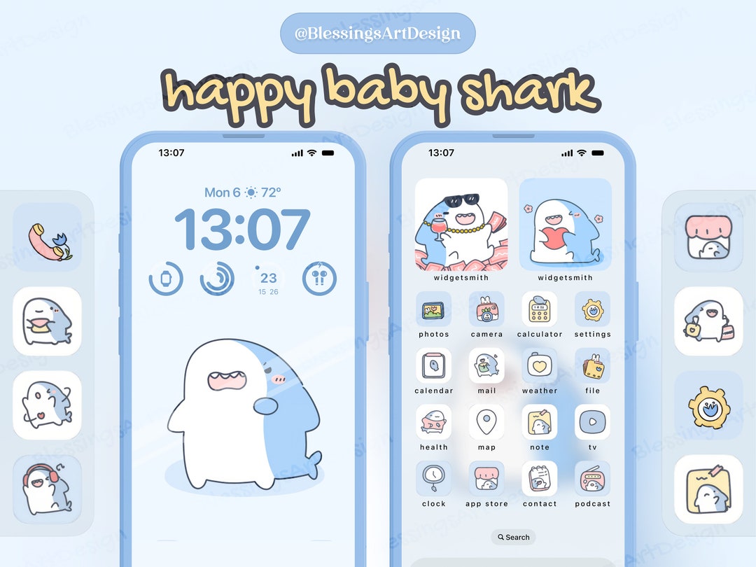 Happy Baby Shark | Ios Icons Pack Bundle, iPhone Theme, App Covers ...