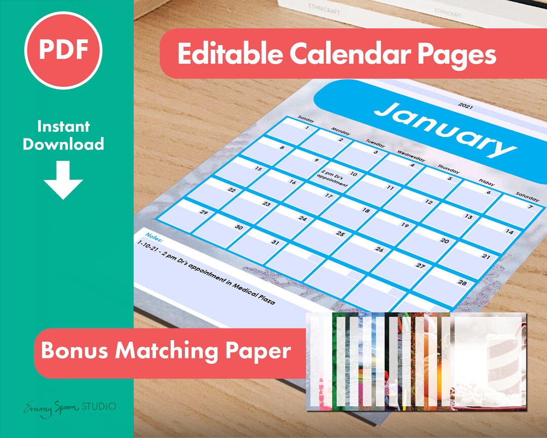 Editable Printable Calendar With Bonus Paper Pack – Custom 12-month ...