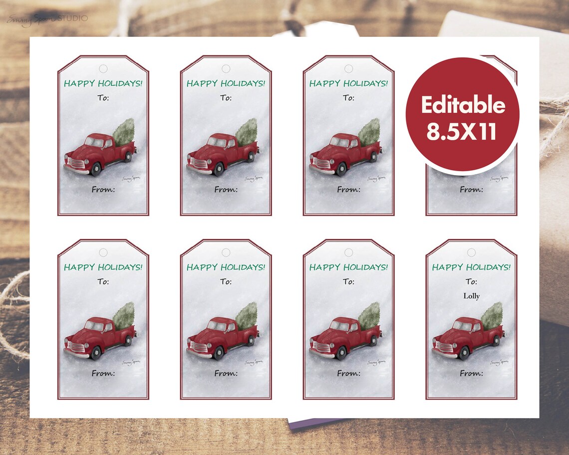 Red Holiday Truck Gift Tag Template Editable PRINTABLE PDF - Etsy