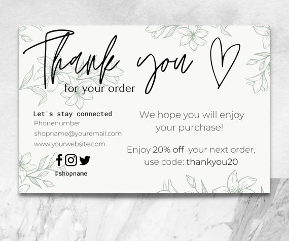 Thank You for Your Order Card Template Thank You for Your | Etsy