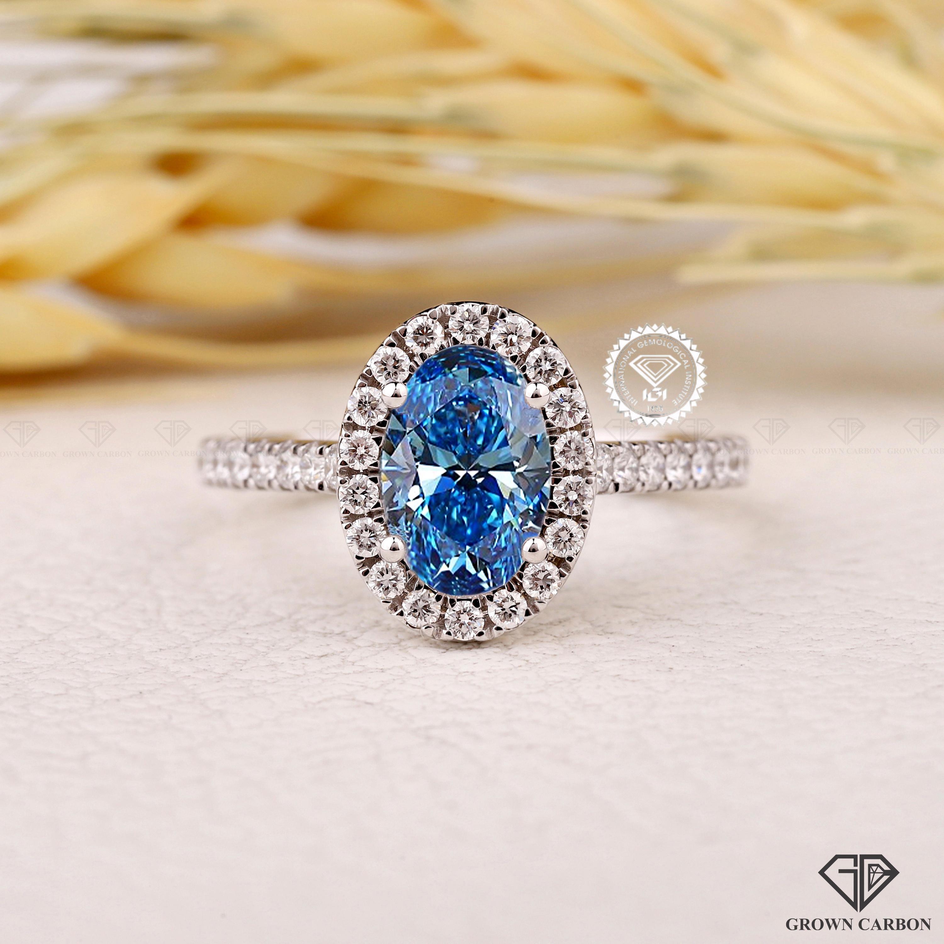1.50CT Blue Color CVD Diamond Ring, Oval Lab Grown Diamond Ring, IGI ...