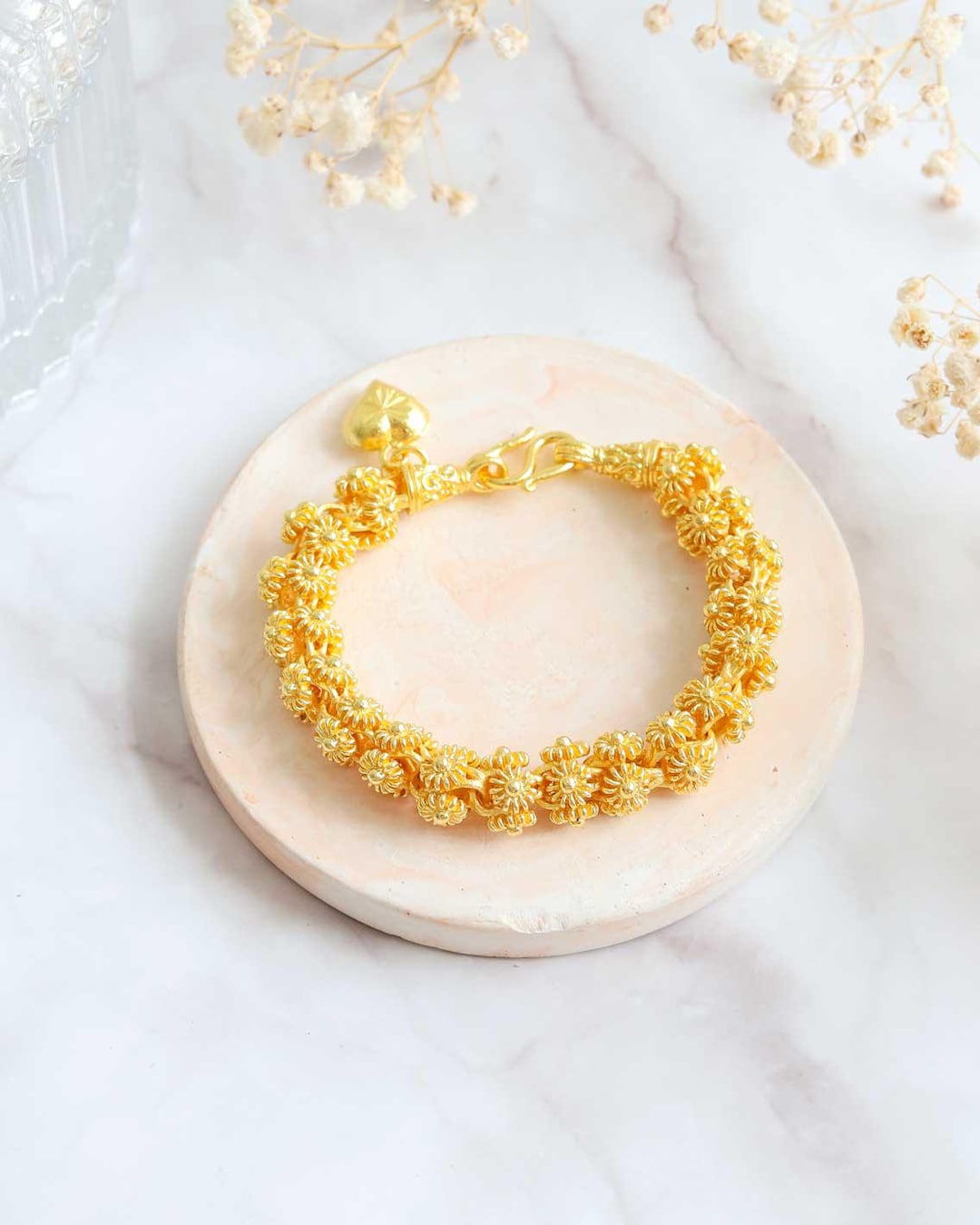 Thai Gold Bracelet, Heart, Charm, Pikul, Flower, 24K Gold Plated ...